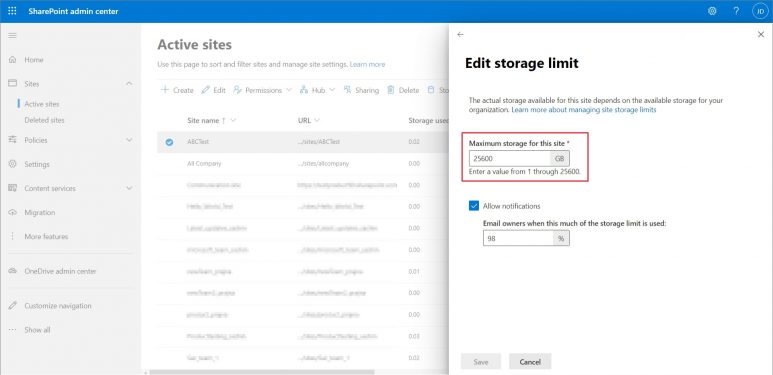 Check your SharePoint online storage information