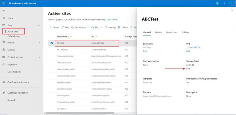Check your SharePoint online storage information