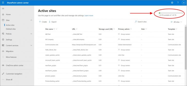 Check your SharePoint online storage information